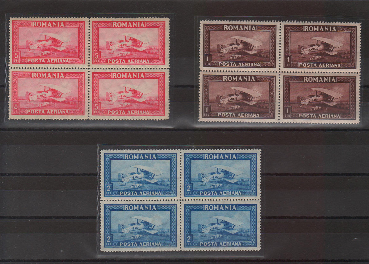Timbre Romania 1928 C. Raiu Posta aeriana filigran orizontal bloc x4 la ...