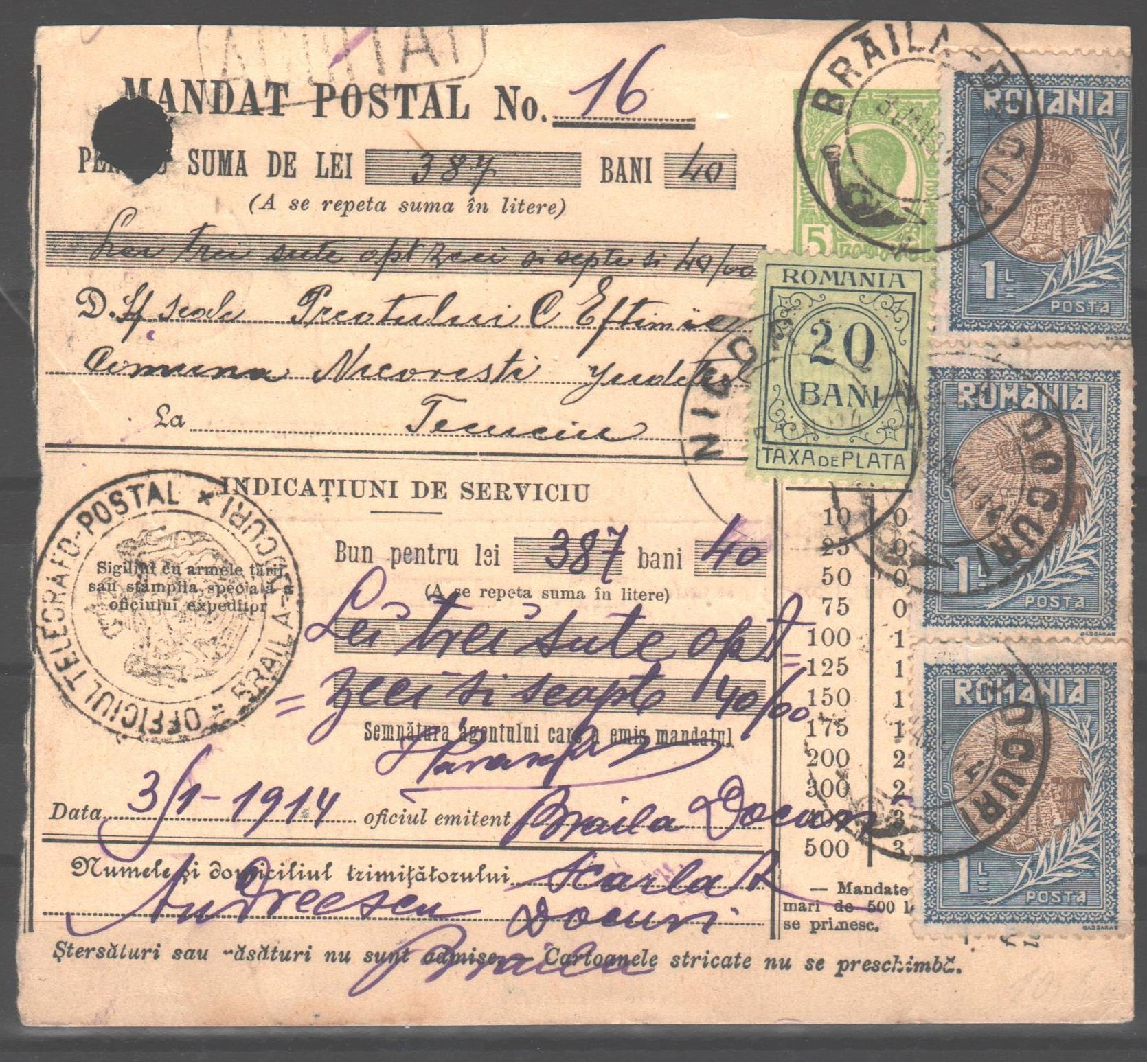 Timbre Romania 1914 Mandat Postal Silistra Taxa de Plata Braila Docuri ...